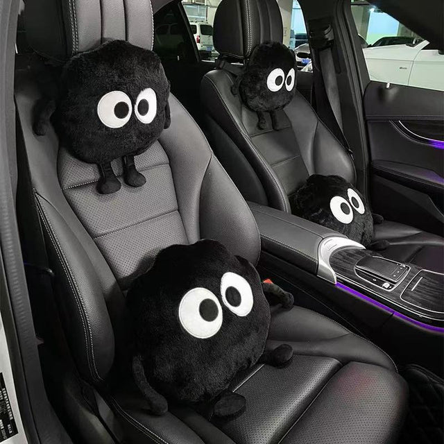 Cute Cartoon Big-Eye Coal Ball Car Headrest Pillow & Lumbar Pillow Set