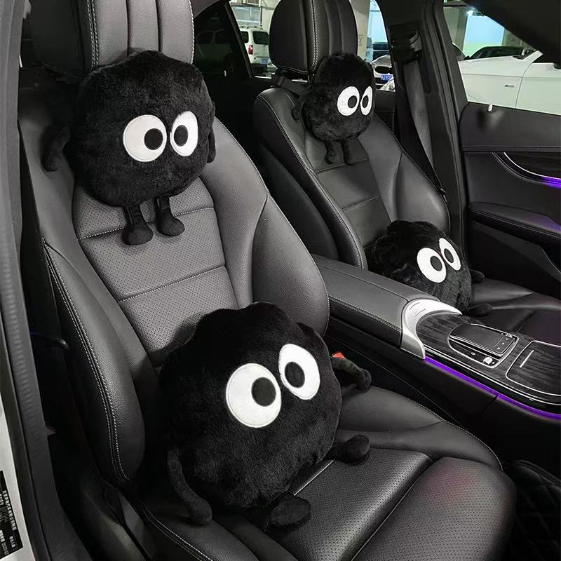 Cute Cartoon Big-Eye Coal Ball Car Headrest Pillow & Lumbar Pillow Set
