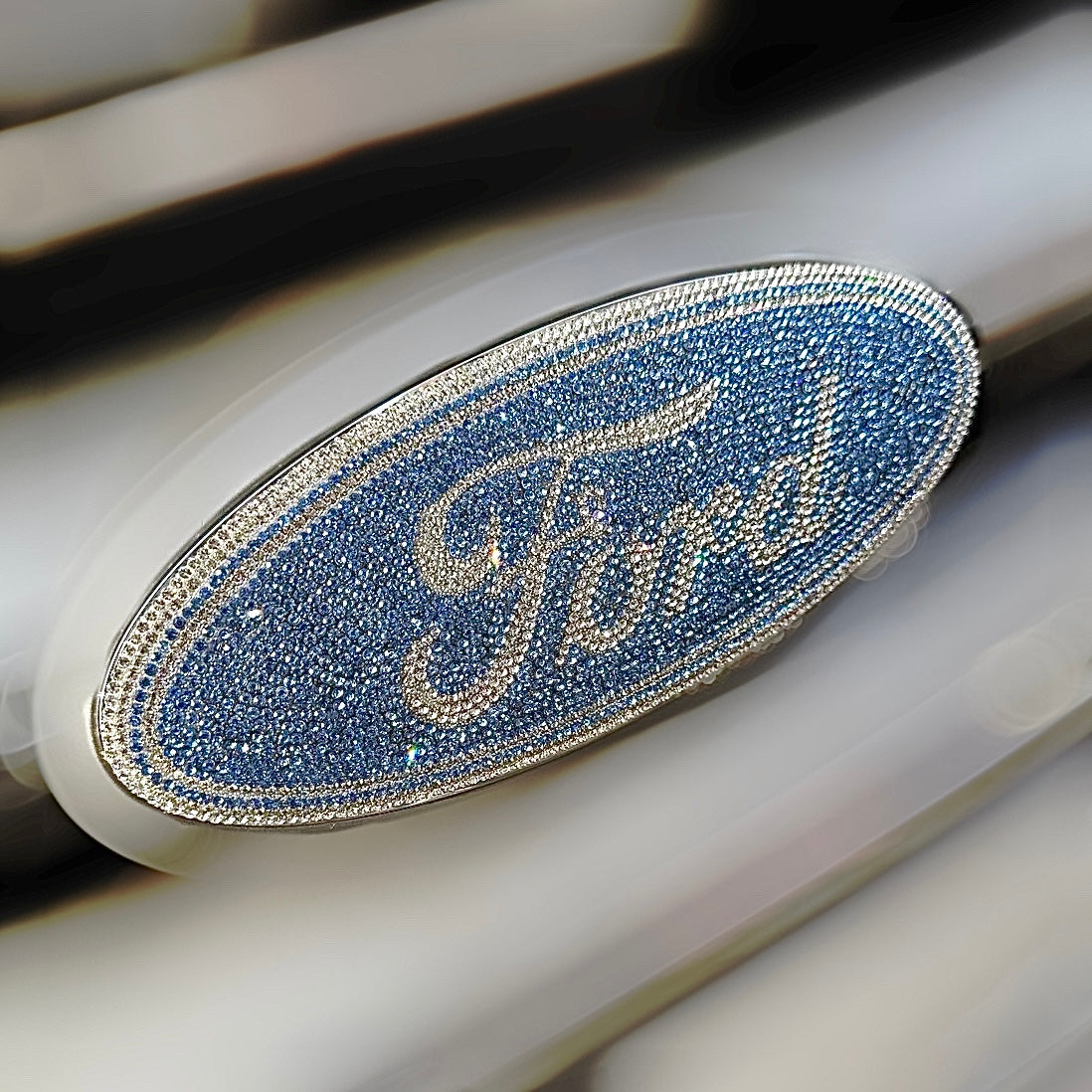 Ford Silver & Blue Rhinestone Front Emblem Decal – Premium Bling for A