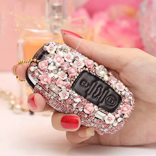 Audi Bling Car Key Leather Holder with Rhinestones- Pink/Purple
