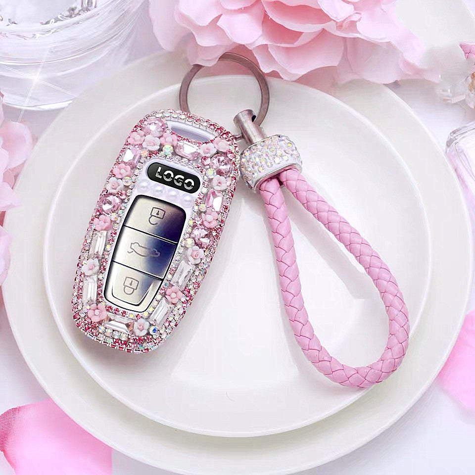 Audi Bling Car Key Leather Holder with Rhinestones- Pink/Purple for 20