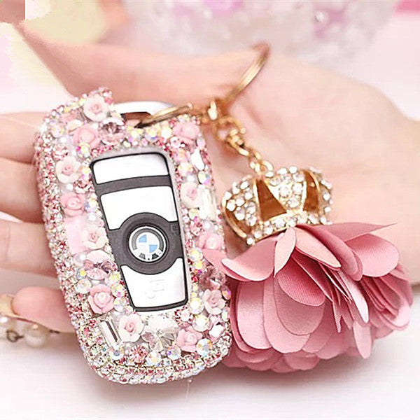 Pink Bling Car Key Holder with Rhinestones and flowers for BMW