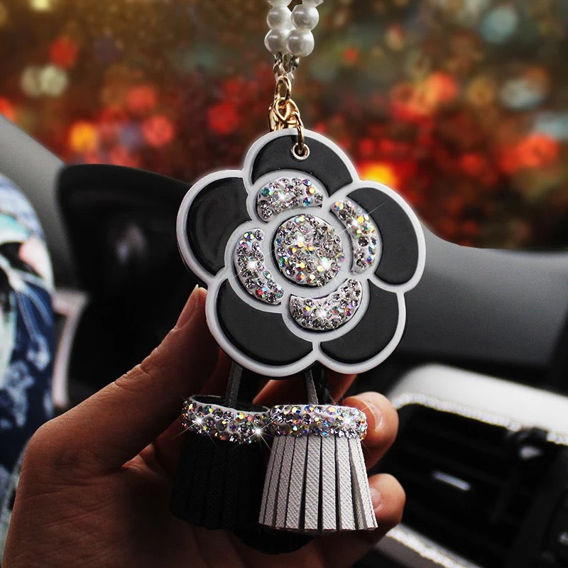 Bling Car Mirror Charm Ornaments-Hanging Camellia Rearview Mirror Pend ...