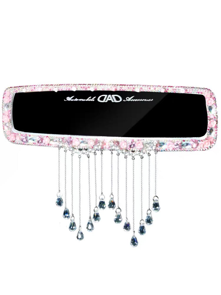 Pink Bling Car Rear View Mirror Cover with Crystal Tassels Pendant and