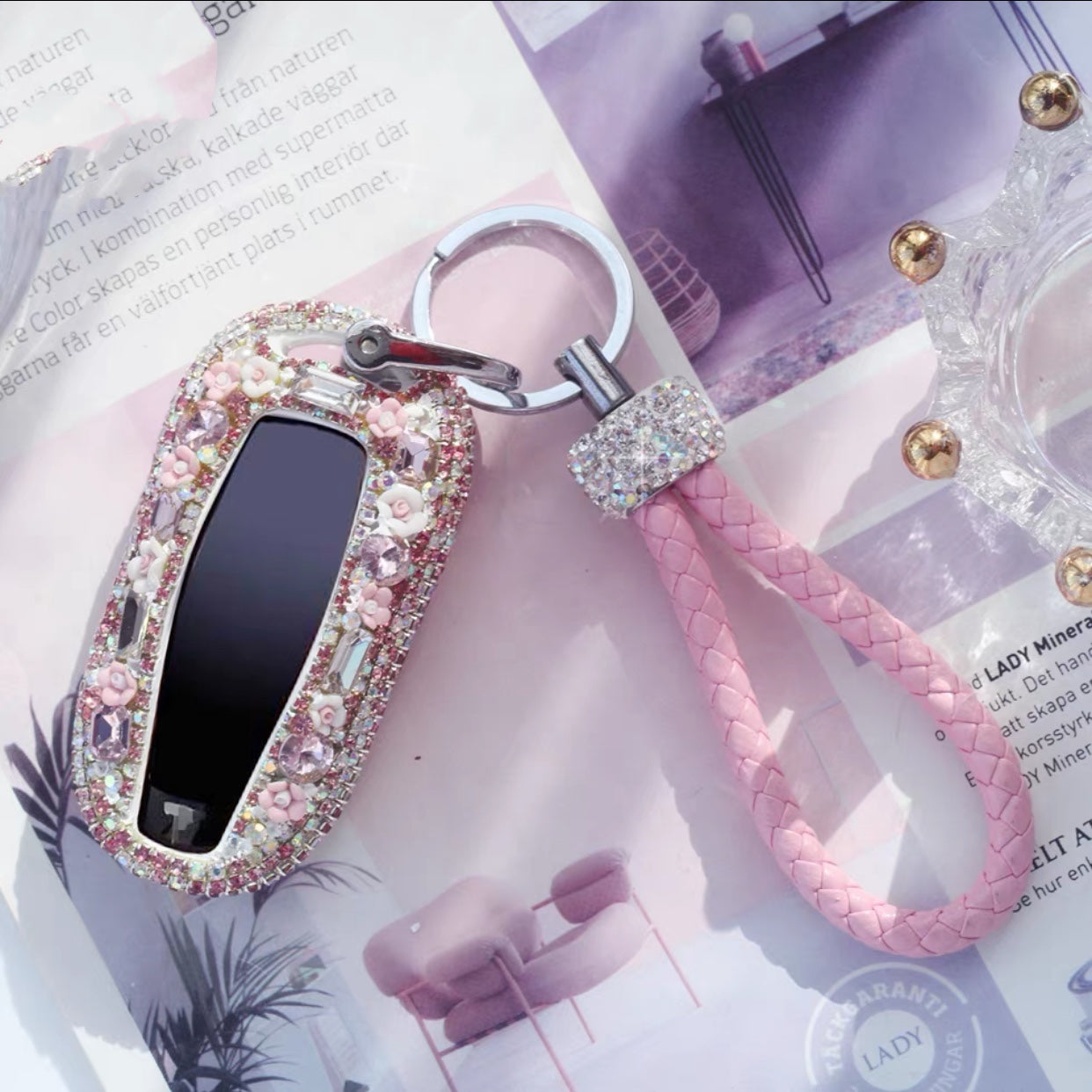 Pink Bedazzled Bling Car Key Holder Cover with Rhinestones for Tesla M