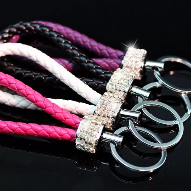 Braided Leather with Bling Ring Car Key Chain Keychain
