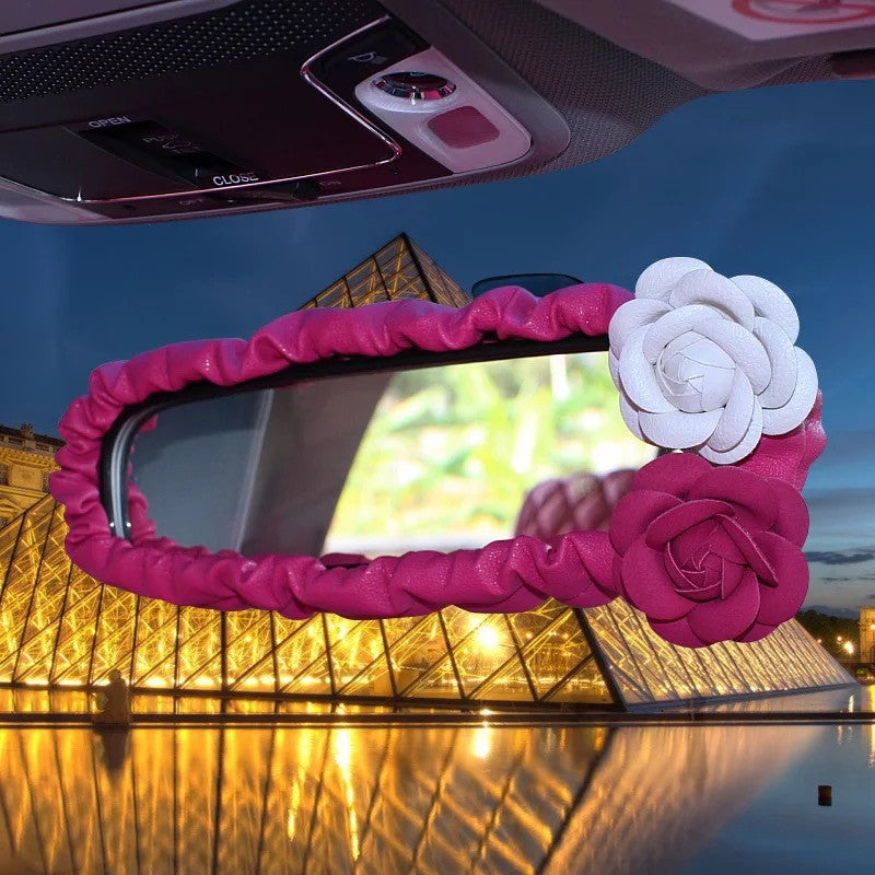 Hot Pink Vegan Leather Rearview Mirror Cover with Camellia