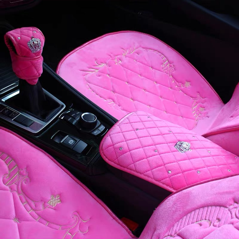 Fuzzy Pink Center Console Cover With Rhinestones Bling Crown – Carsoda