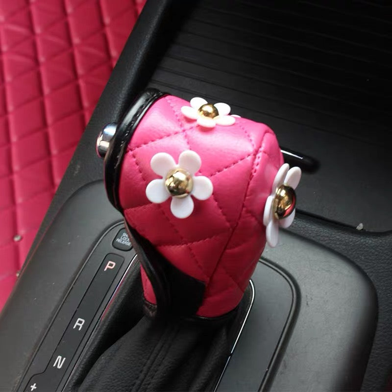 Hot Pink Vegan Leather Hand Brake & Gear Shift Cover with Daisy 2-piec ...
