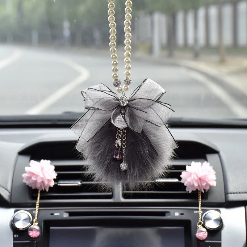 Car Mirror Charm- Bling crystal pendant and Fur Ball Rear View Ornamen