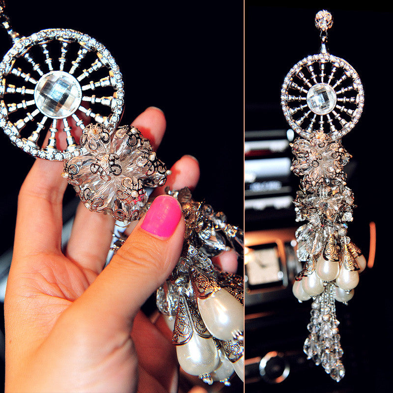 Car Charm Ornaments-Hanging Gear and Pearl Rear View Mirror Charm