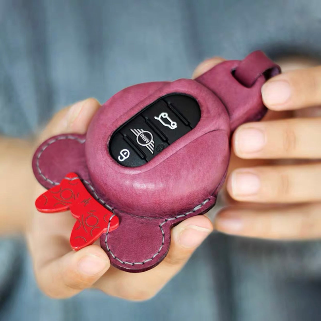 Purple Genuine leather Mini Cooper Mouse Ear Shaped Key Fob Cover Case